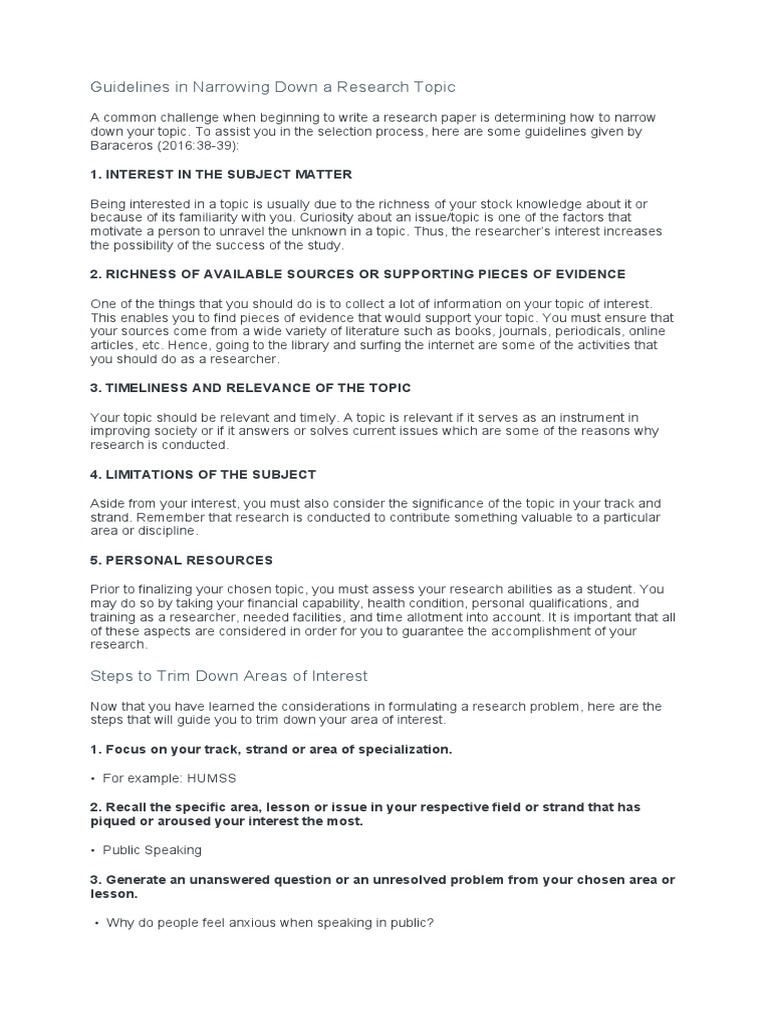 Guidelines in Narrowing Down A Research Topic | PDF | Cognition ...