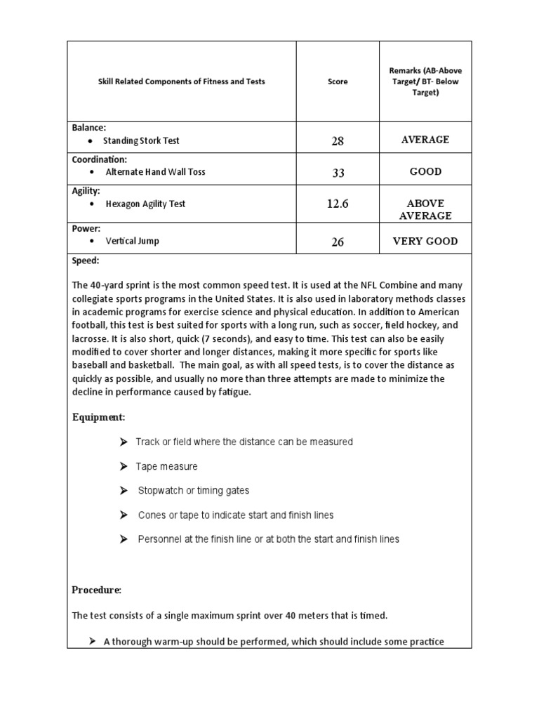 Skill Related Components Assessment Form | PDF | Hobbies | Sports
