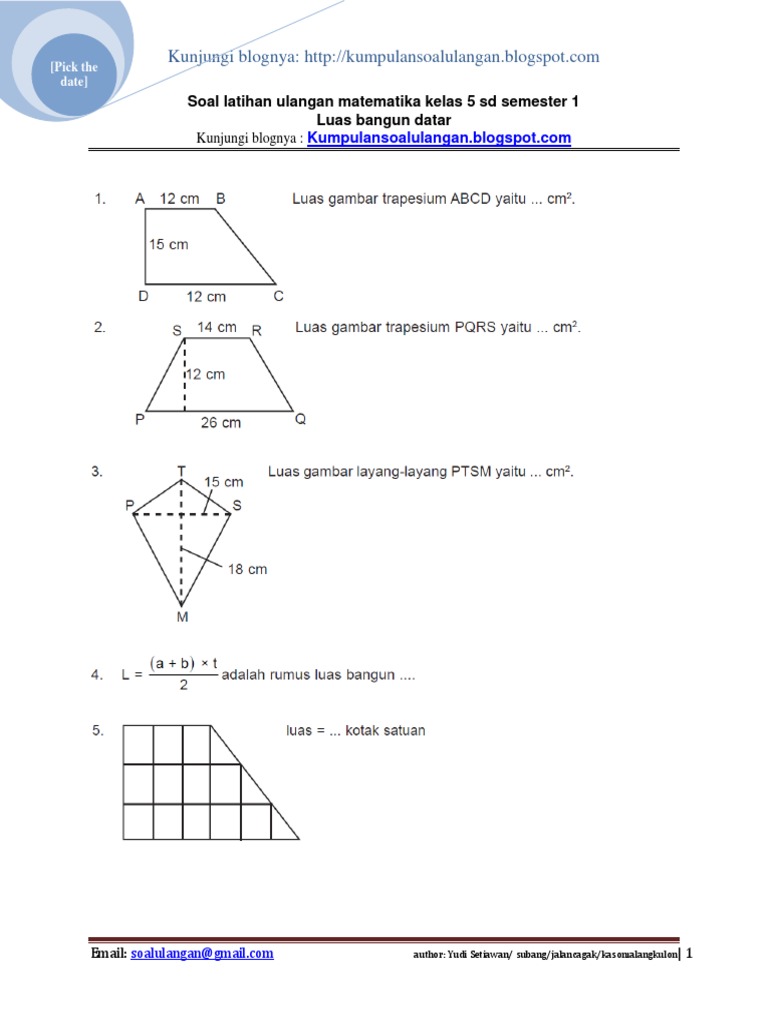 Soal Latihan Ulangan Matematika Kelas 5 SD Semester 1 Luas Bangun Datar | PDF