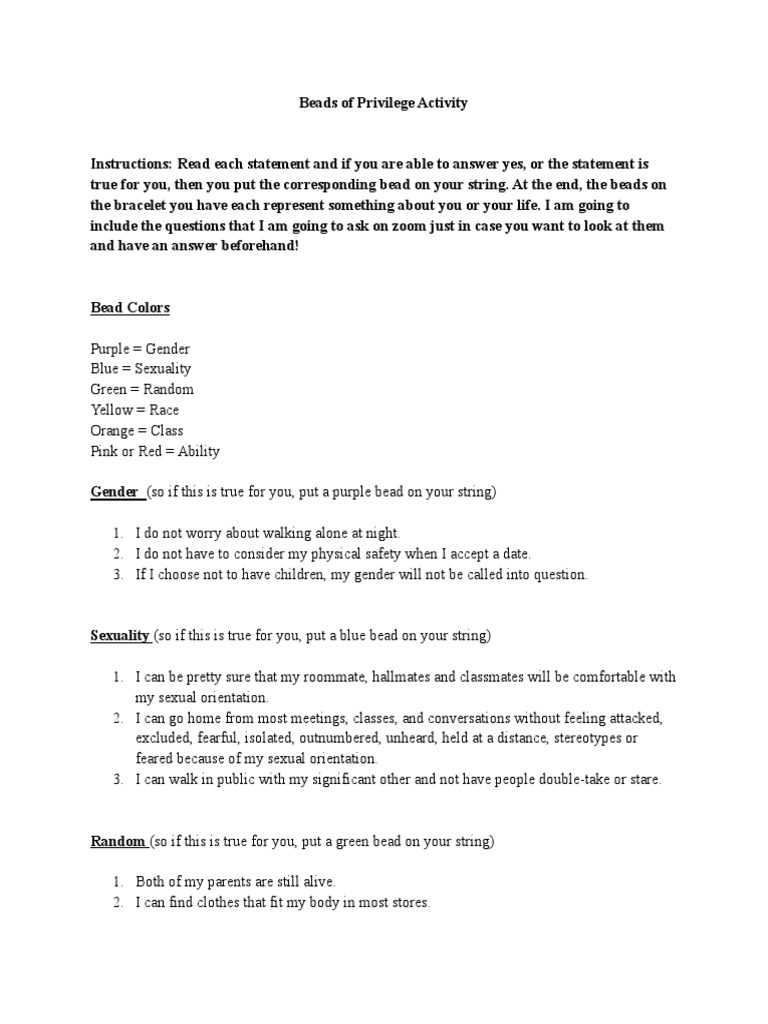 Beads of Privilege Activity | PDF | Gender | Gender Studies