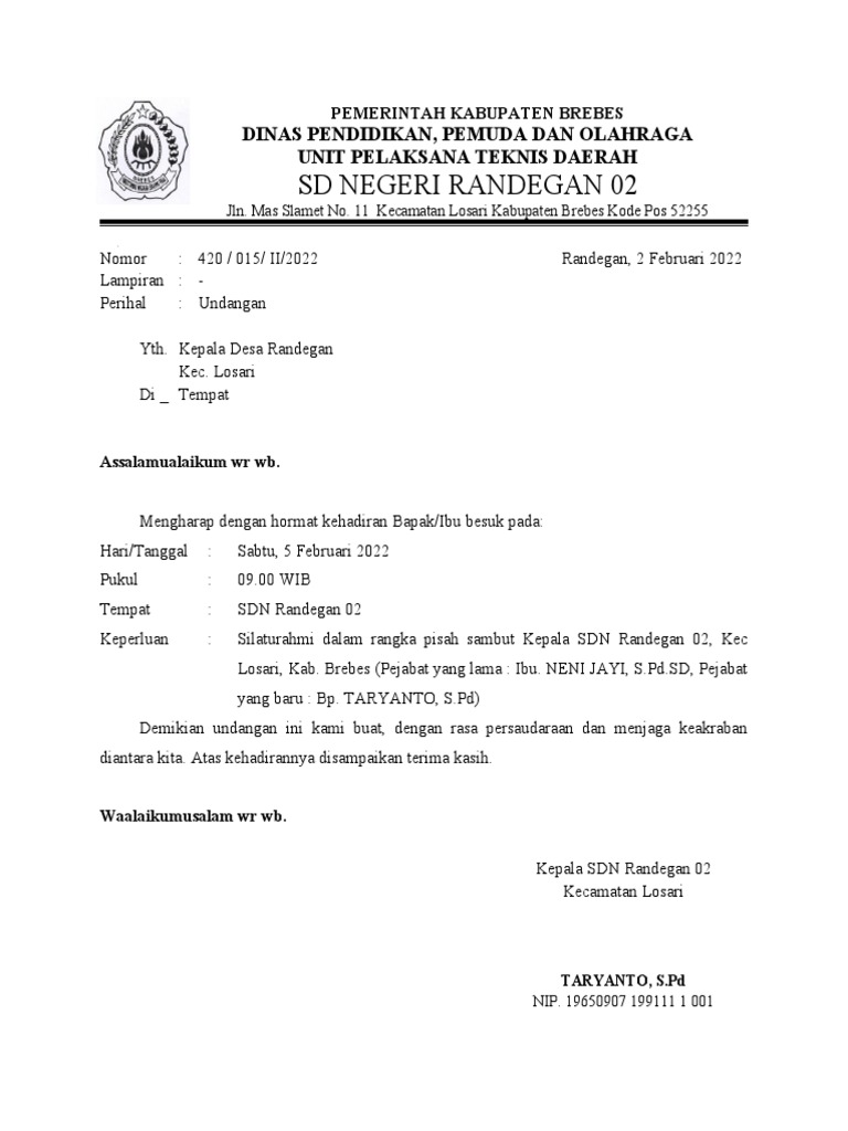 Undangan Pisah Sambut Kepala SDN Randegan | PDF