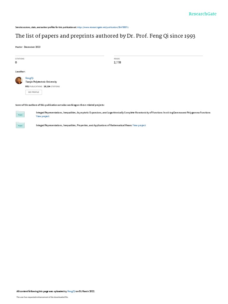 The List of Papers and Preprints Authored by Dr. Prof. Feng Qi Since ...