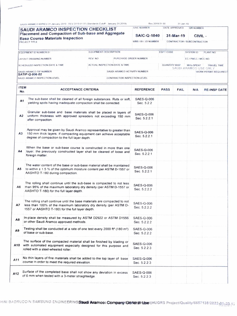 Saudi Aramco Inspection Checklist: Base Course Materials Inspection ...