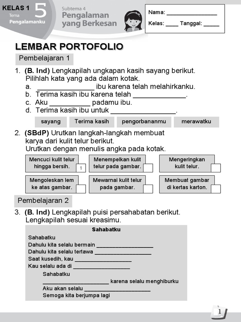 LEMBAR PORTOFOLIO BUPENA 1C Tema 5 Sub 4 | PDF | Seni & Disiplin Bahasa | Metode & Bahan Ajar