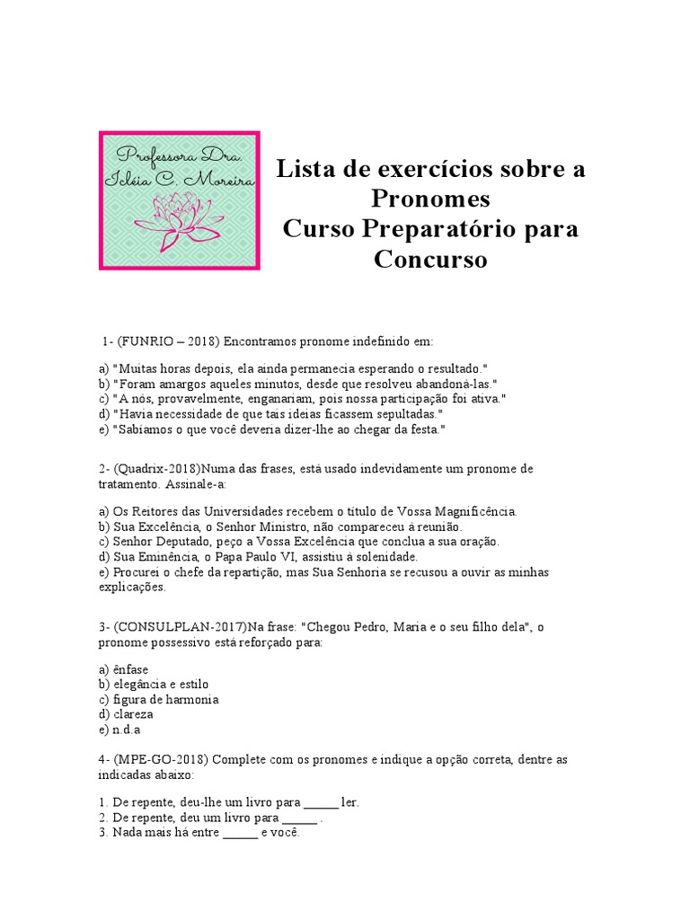 Lista 9 - Exercícios Sobre Pronomes | PDF | Pronome | Maria, mãe de Jesus