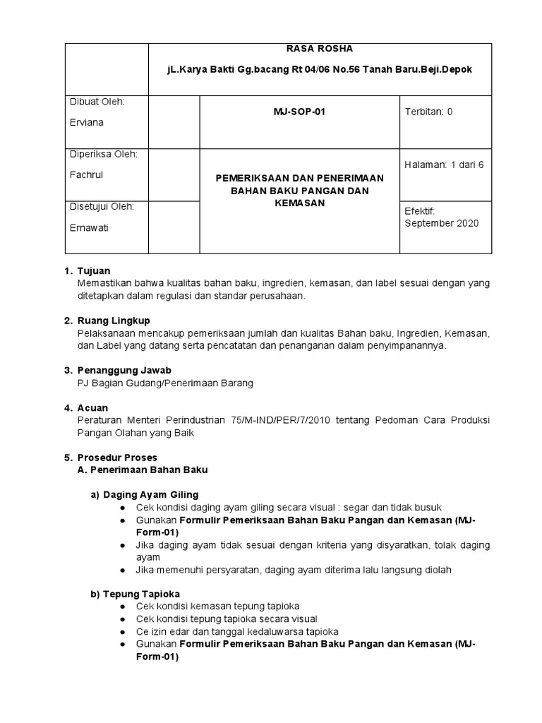 SOP Penerimaan Bahan Baku Pangan | PDF