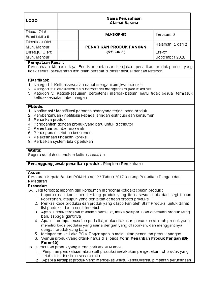SOP-03-Penarikan Produk Pangan (Recall) | PDF