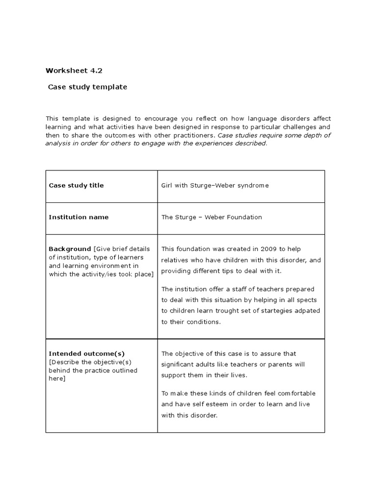 Worksheet 4.2 Case Study Template: Analysis in Order For Others To ...