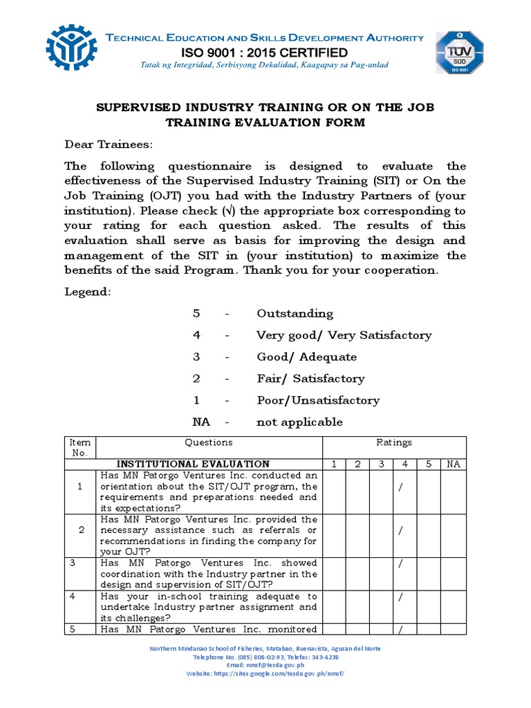 Supervised Industry Training or On The Job Training Evaluation Form | PDF | Cognition | Behavior ...