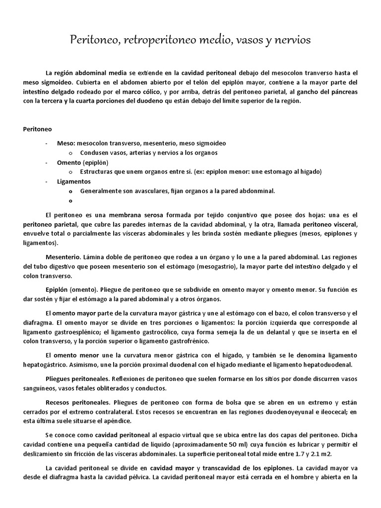 Peritoneo y Retroperitoneo: Estructuras Clave | PDF | Abdomen | Anatomía