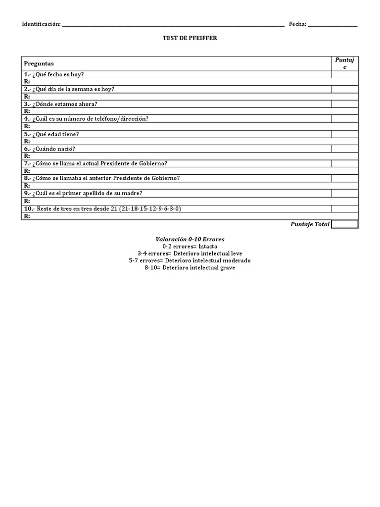 Test de Pfeiffer: Evaluación Cognitiva | PDF