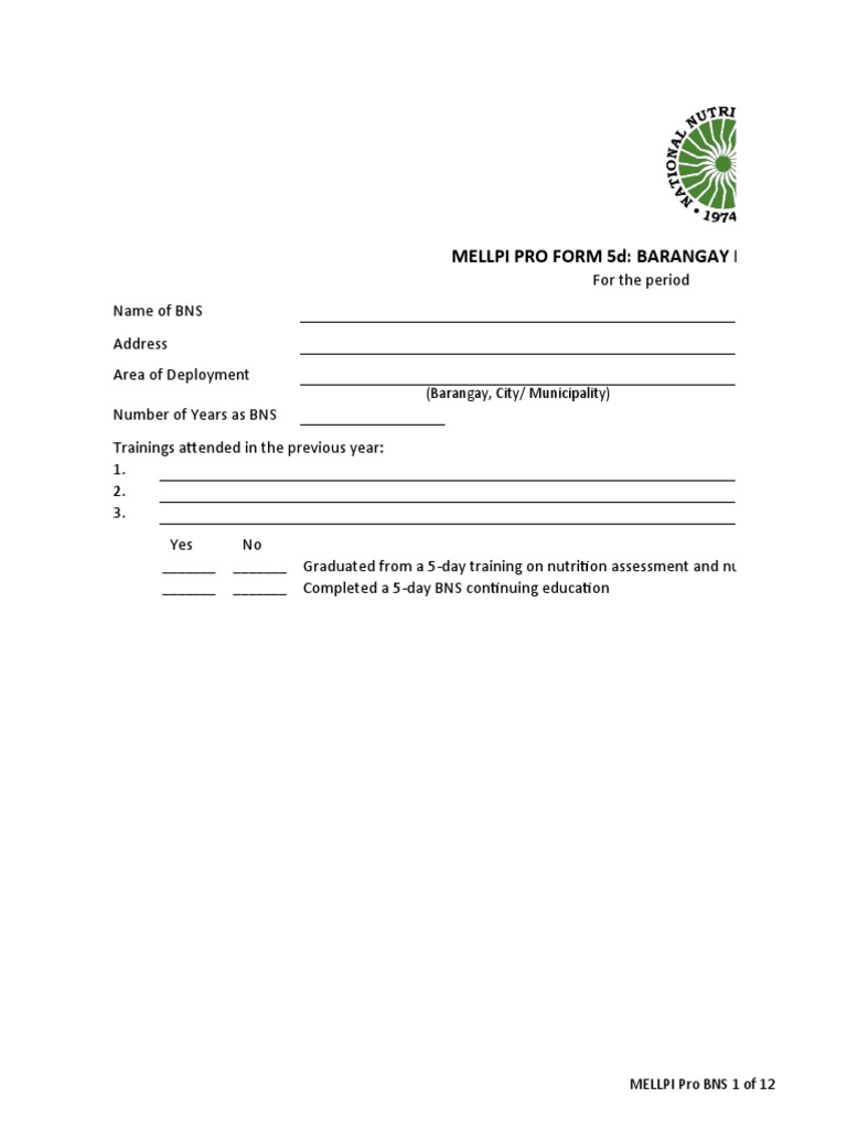 MELLPI Pro Form B: Barangay Nutrition Guide | PDF | Caregiver | Health ...