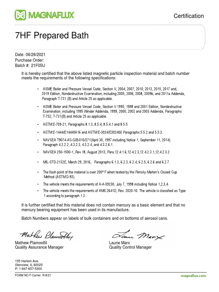 7HF Prepared Bath: Certification | PDF | Nondestructive Testing ...