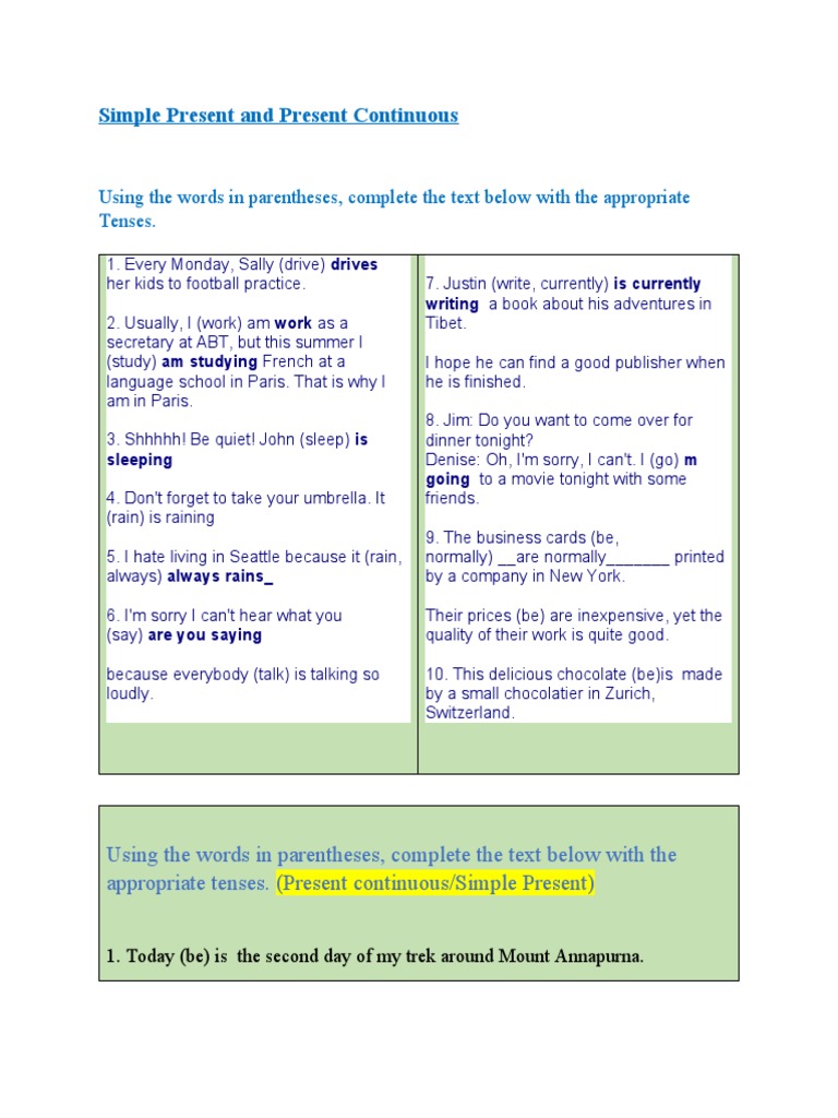 Present Continuous Exercises | PDF