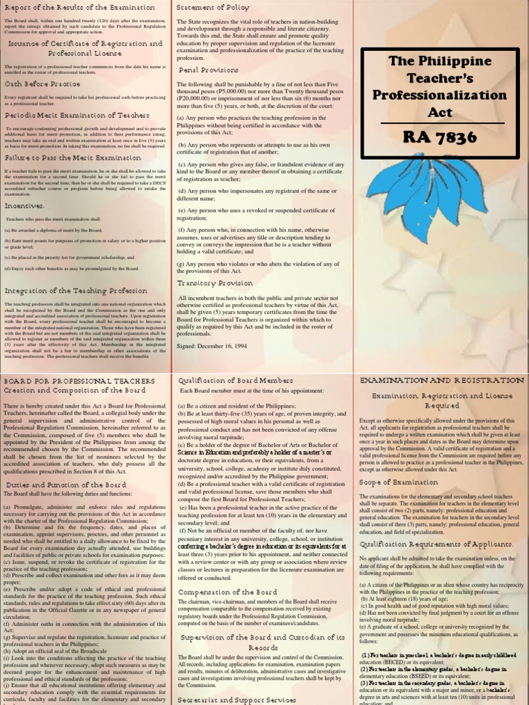 RA 7836: Teacher Professionalization Act | PDF | Teachers | Licensure