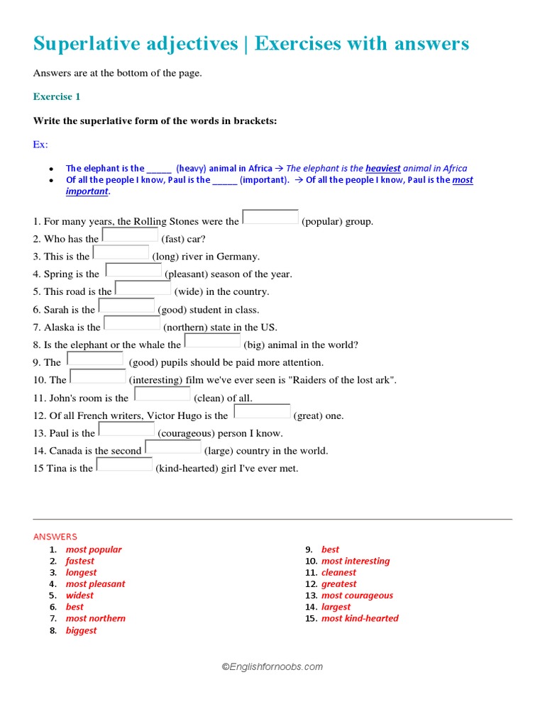 Superlative Adjectives - Exercises With Answers: Exercise 1 | PDF