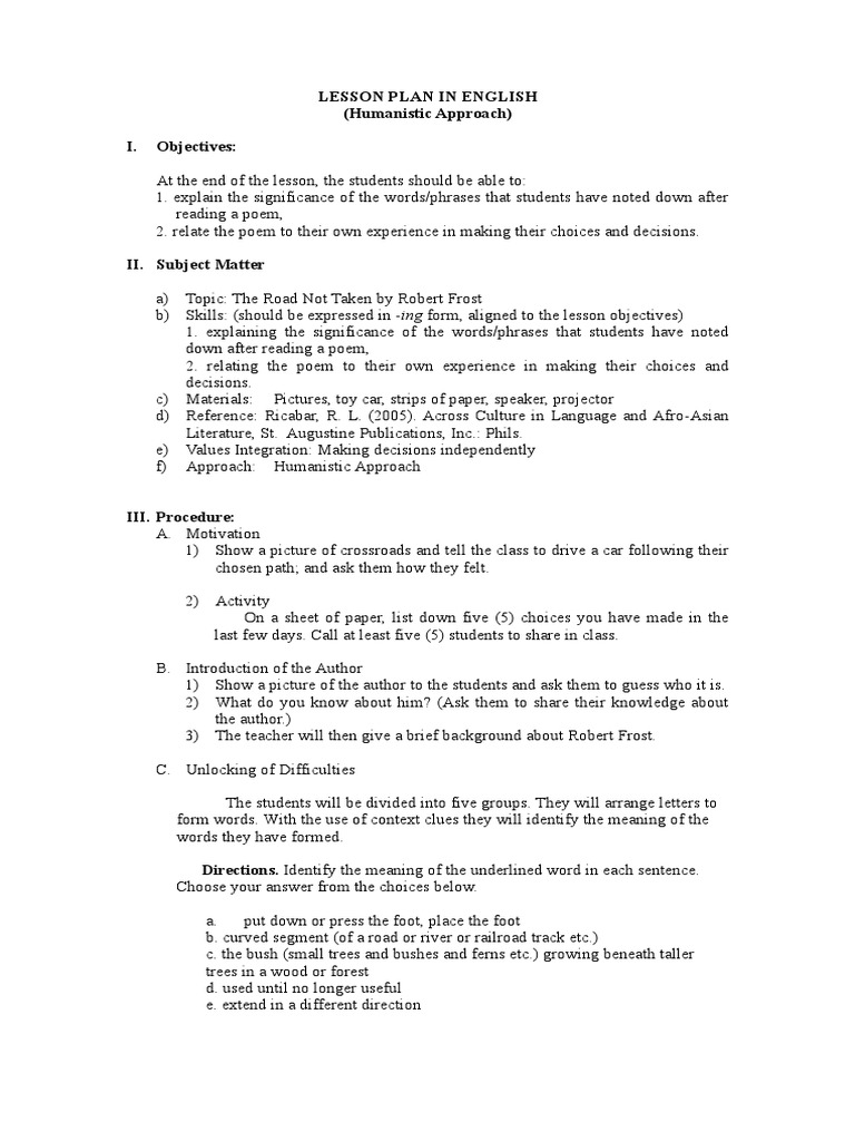 Sample LESSON PLAN IN ENGLISH - Demo - Humanistic | PDF | Lesson Plan ...