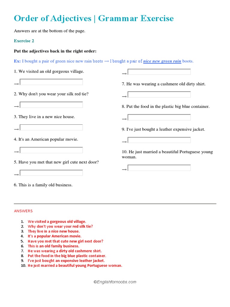 Order of Adjectives Grammar Exercise 2 | PDF