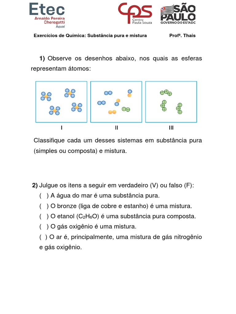 Exercícios - Substância Pura e Mistura | PDF
