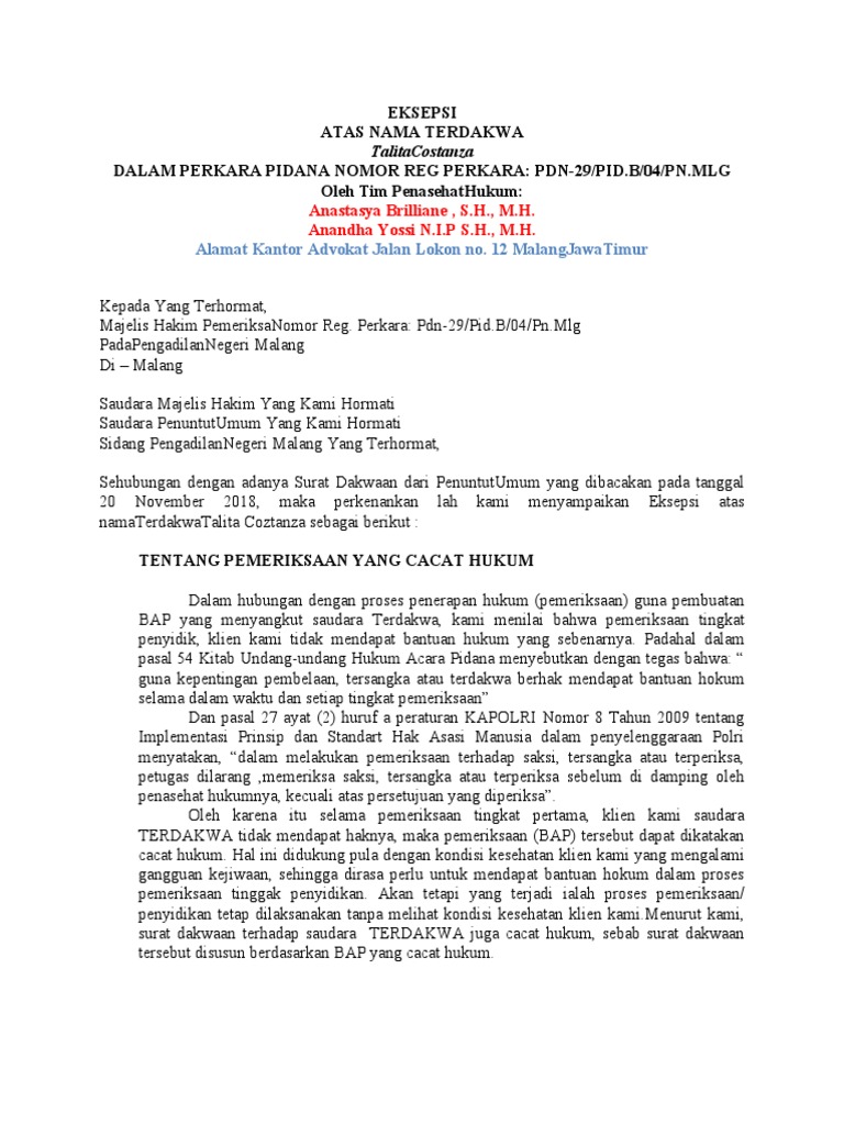 Surat Eksepsi | PDF | Hukum