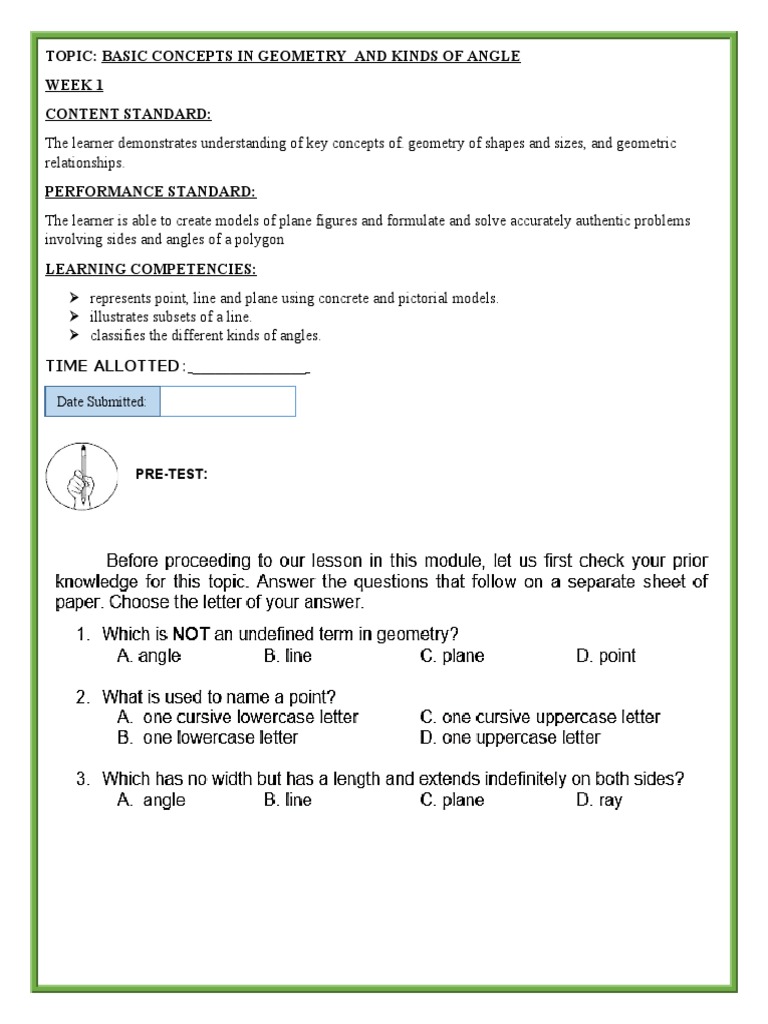 Topic: Basic Concepts in Geometry and Kinds of Angle Week 1 Content ...