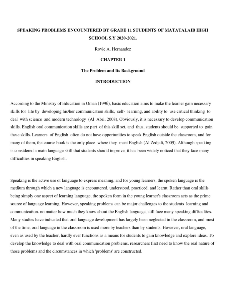 Identifying the Speaking Problems Encountered by Grade 11 Students of ...