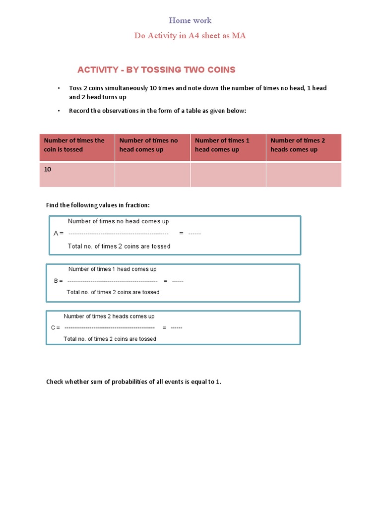 Activity - by Tossing Two Coins: Do Activity in A4 Sheet As MA | PDF