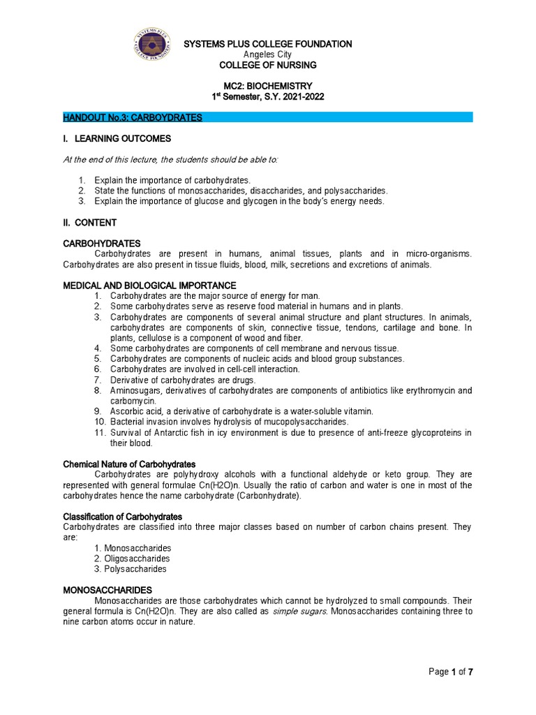 Handout 3 - Carbohydrates | PDF | Carbohydrates | Polysaccharide