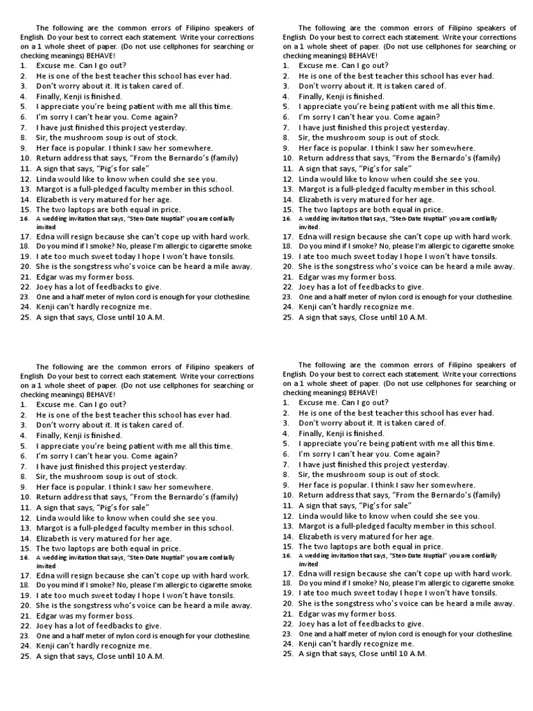 The Following Are The Common Errors of Filipino Speakers of English ...