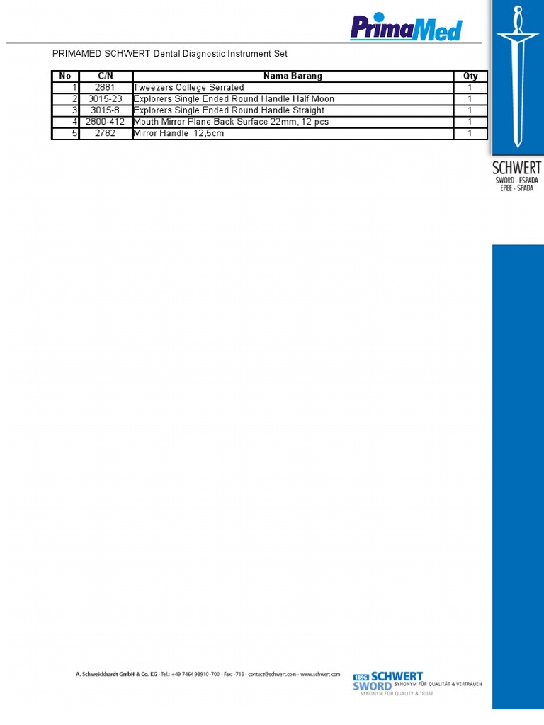 27 Brosur PRIMAMED SCHWERT Dental Diagnostic Instrument Set | PDF
