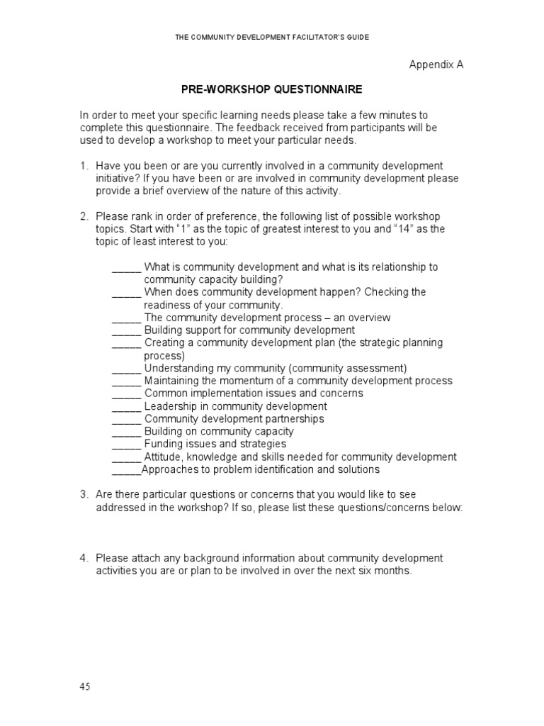 Community Development Workshop Questionnaire | PDF