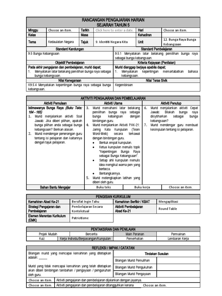 RPH Bunga Raya Bunga Kebangsaan Sejarah Tahun 5 | PDF