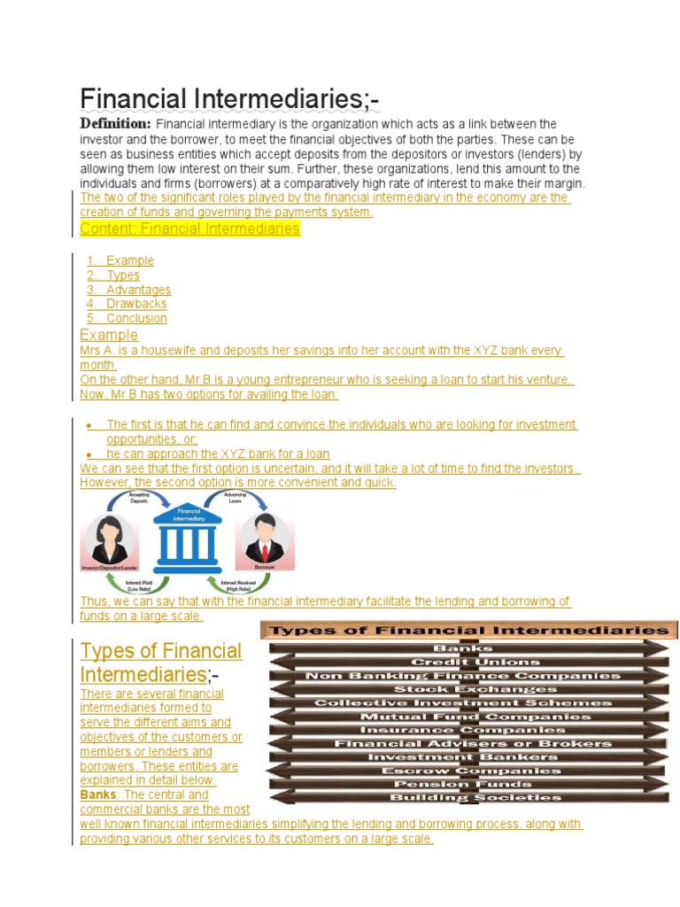Financial Intermediaries - : Definition | PDF | Investing | Loans