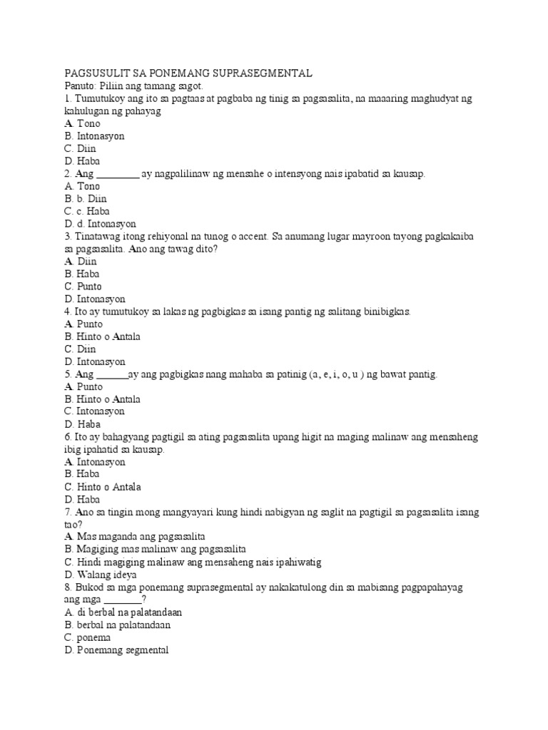 PAGSUSULIT SA PONEMANG SUPRASEGMENTAL-Quiz | PDF