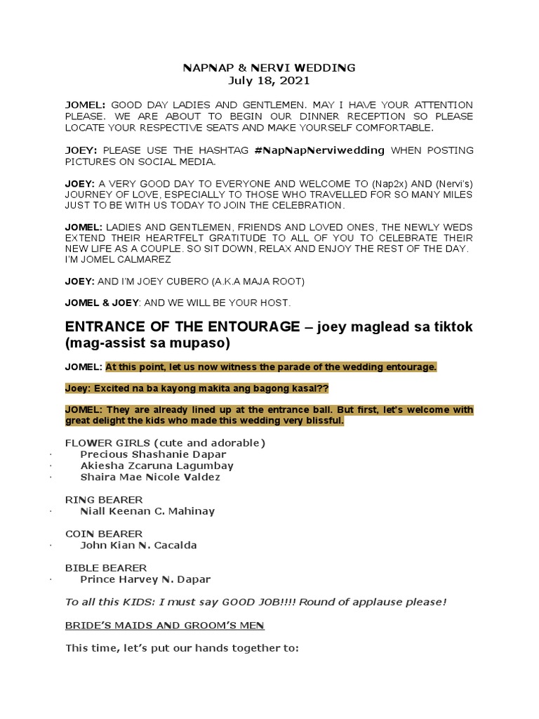 Wedding Reception Script | PDF | Wedding | Bridesmaid