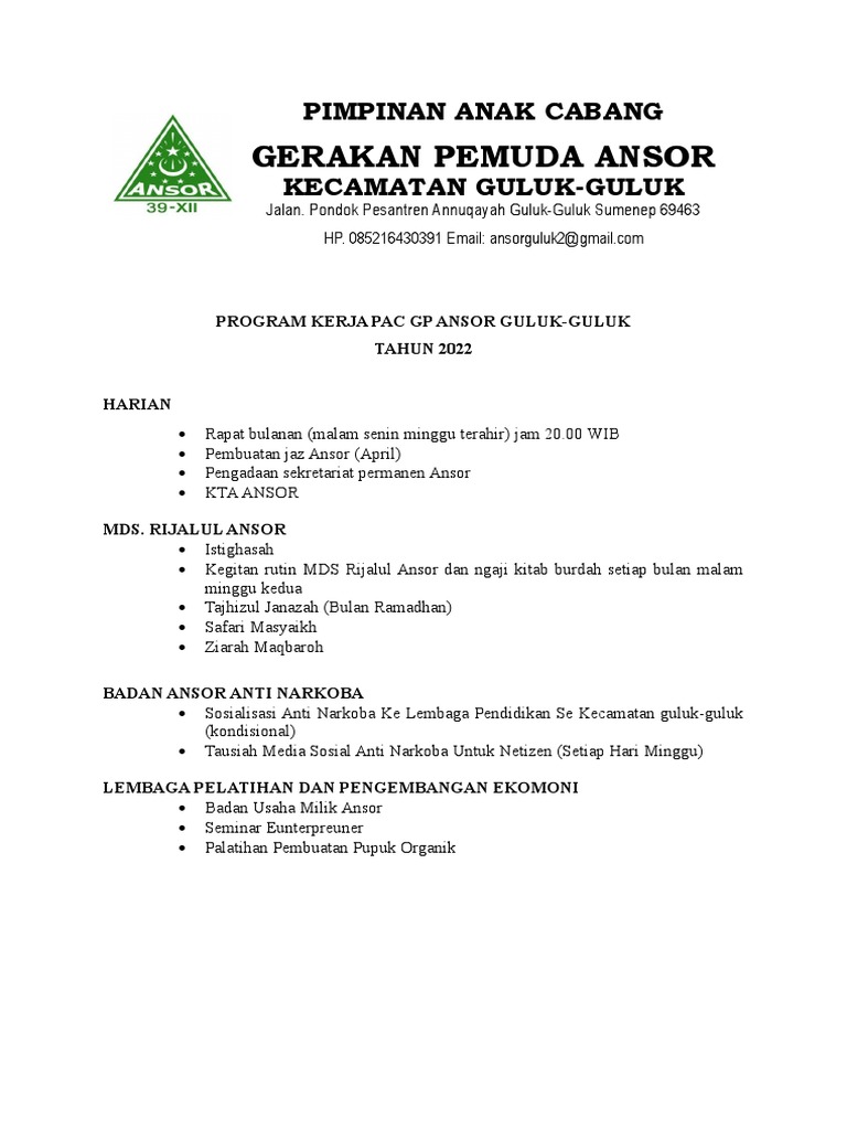 Program Kerja Pac Ansor Guluk | PDF