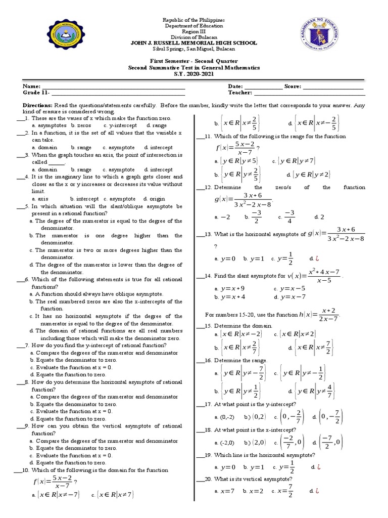 John J. Russell Memorial High School | PDF | Asymptote | Function ...