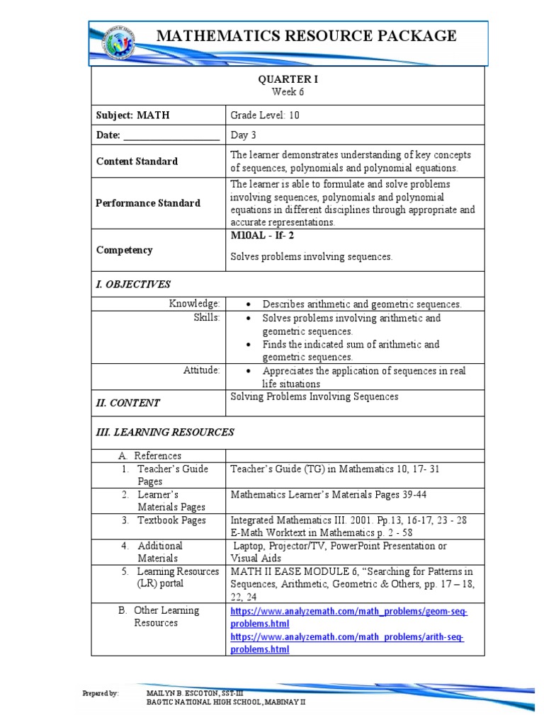 Mathematics Resource Package: Quarter I Subject: MATH Date: - Day 3 ...