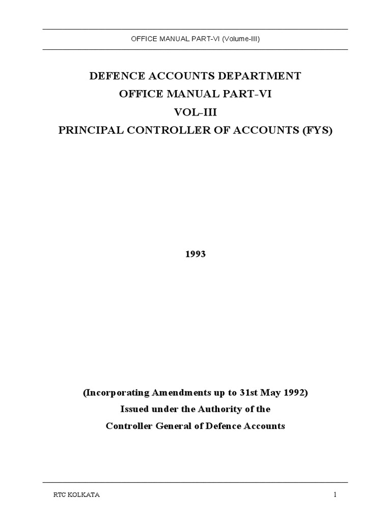 Defence Accounts Department Office Manual Part-Vi Vol-Iii Principal ...