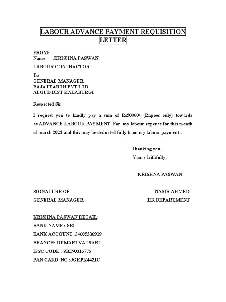 Request for Advance Labour Payment | PDF