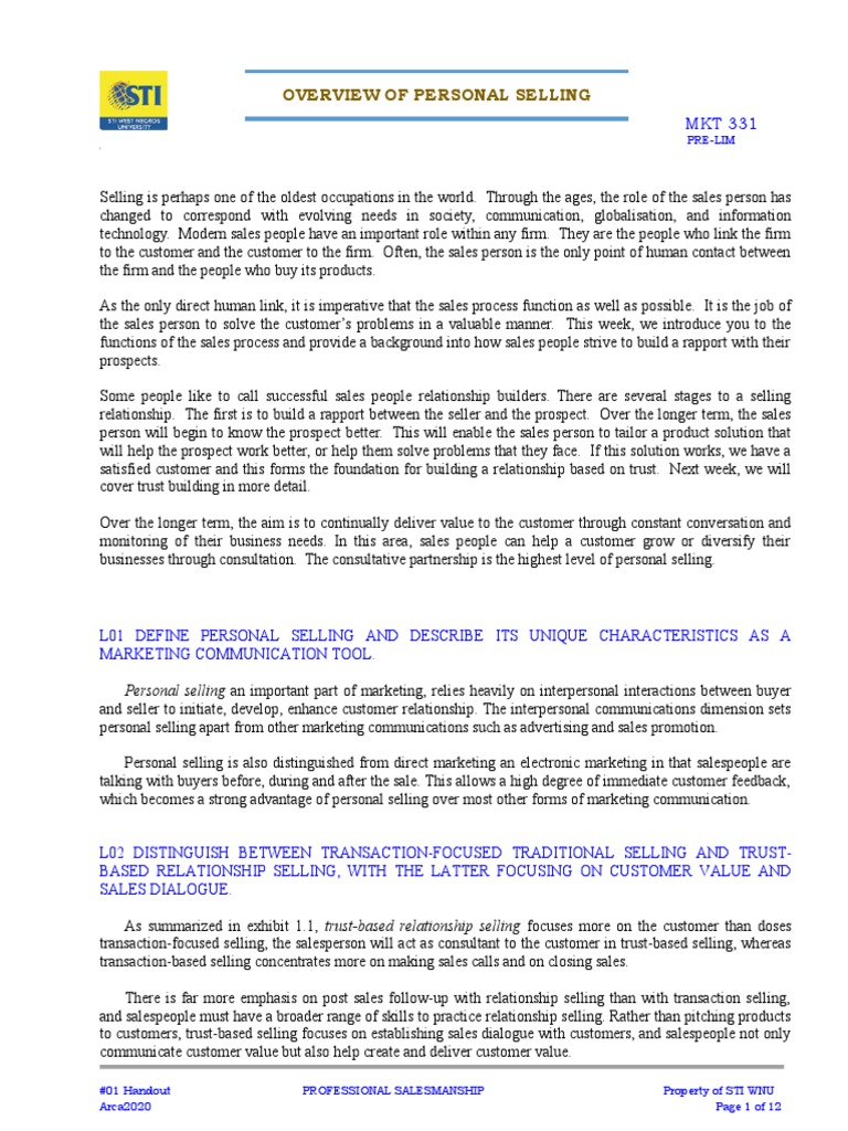 01 Overview of Personal Selling | PDF | Sales | Customer