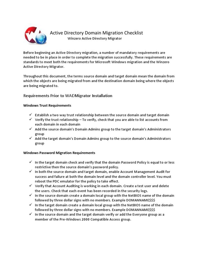Active Directory Domain Migration Checklist | PDF | Group Policy | Active Directory