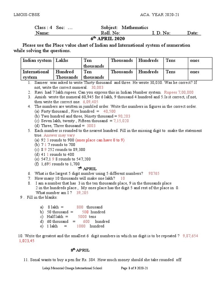Grade - 4 - Maths - 6TH April To 10 TH April - Answer Key | PDF ...