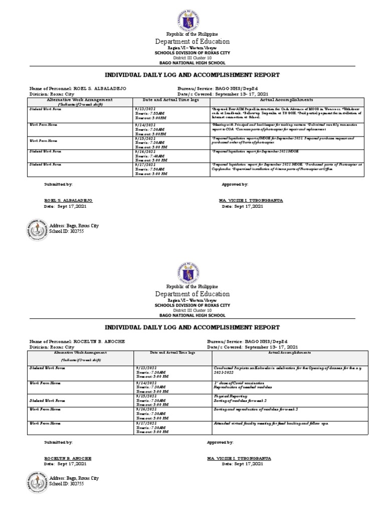 INDIVIDUAL DAILY LOG AND ACCOMPLISHMENT REPORT Week 1 | PDF ...