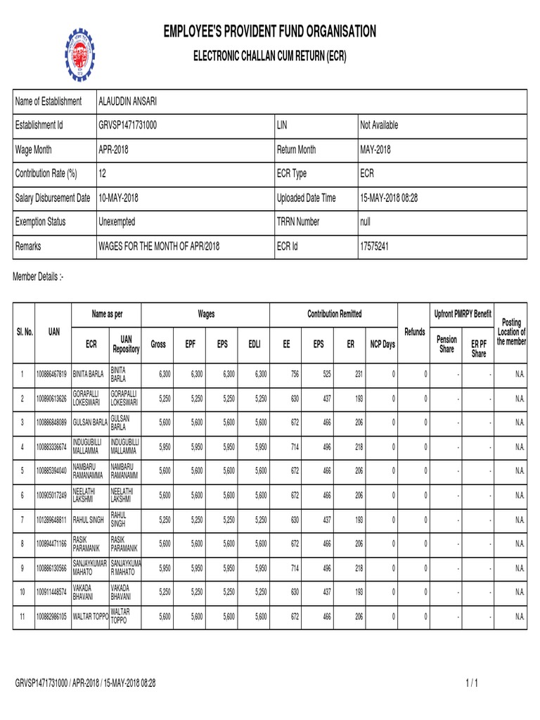 Employee'S Provident Fund Organisation: Electronic Challan Cum Return ...