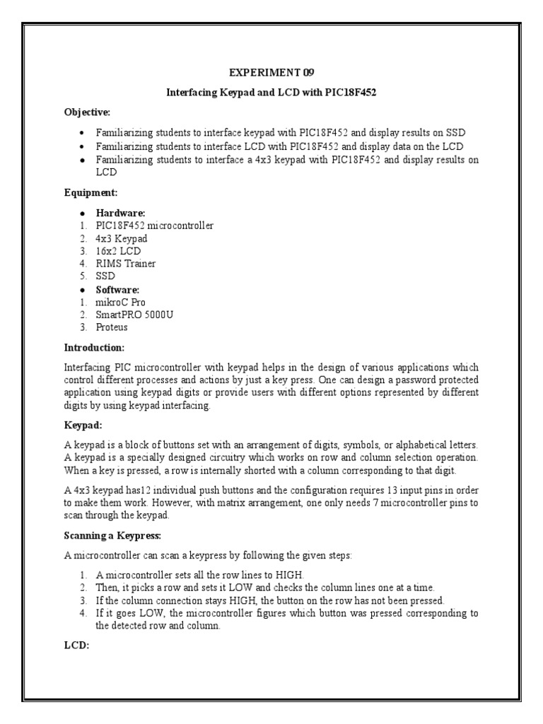 Experiment 09 Interfacing Keypad and LCD With PIC18F452 Objective | PDF | Liquid Crystal Display ...