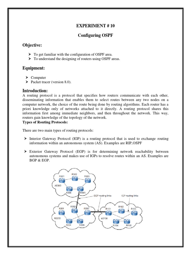 Experiment # 10 Configuring OSPF Objective:: Types of Routing Protocols ...