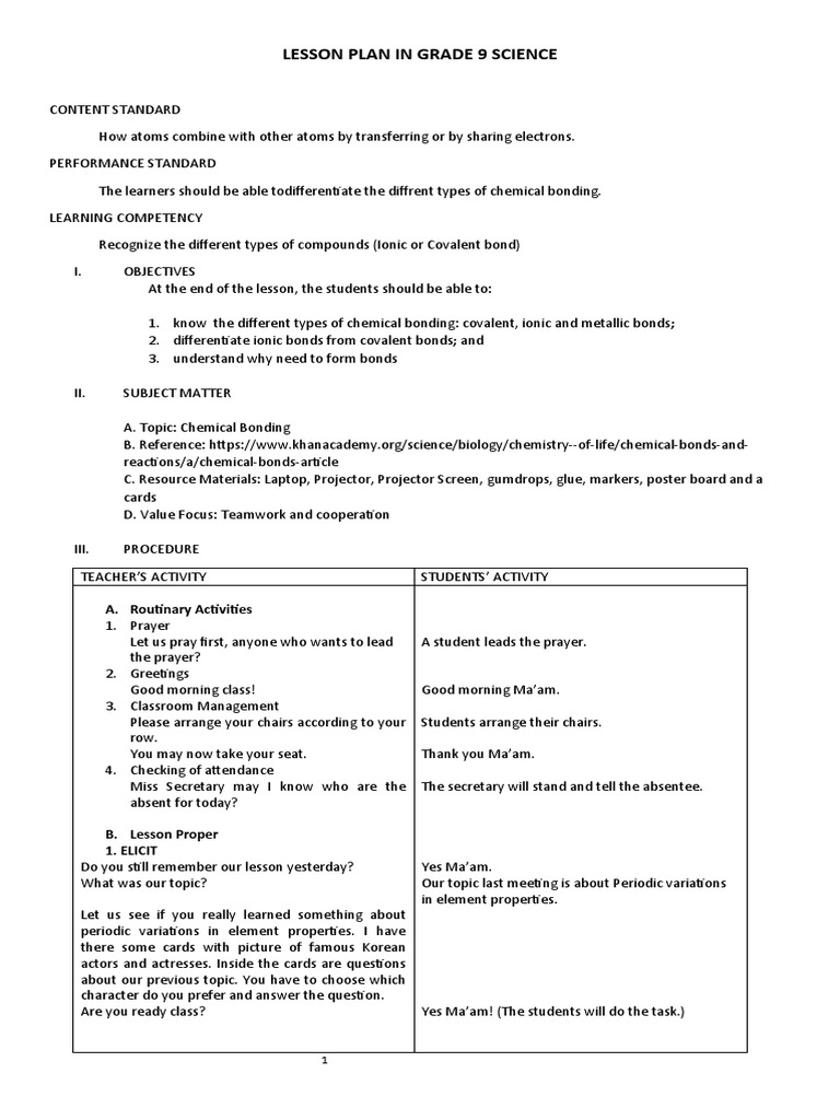 Lesson Plan in Grade 9 Science: A. Routinary Activities | PDF | Ion ...