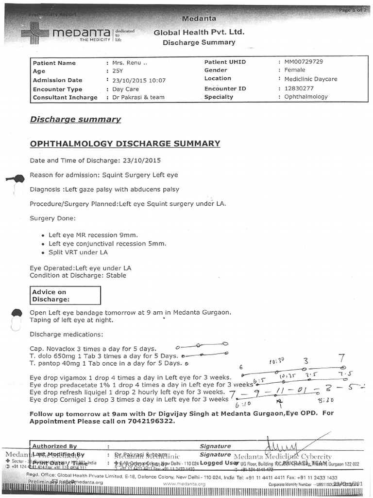 Discharge Summary - Squint Surgery | PDF