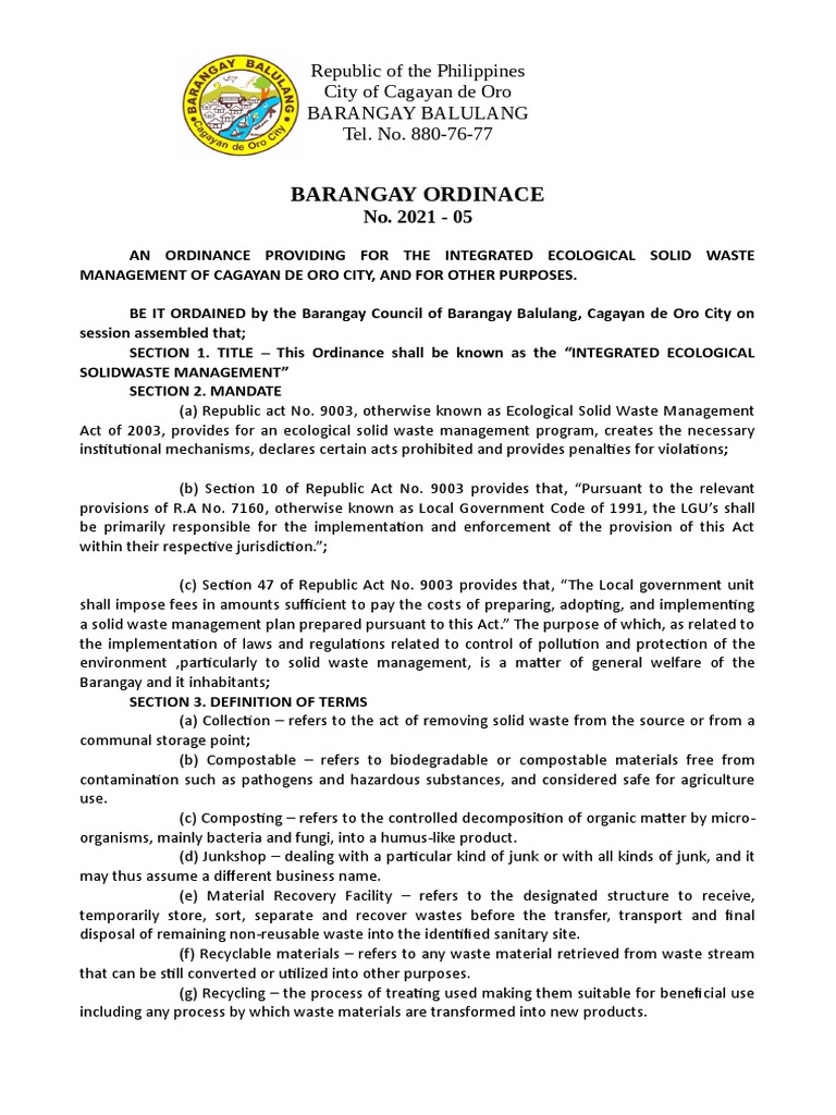 Barangay Ordinace: Republic of The Philippines City of Cagayan de Oro Barangay Balulang Tel. No ...